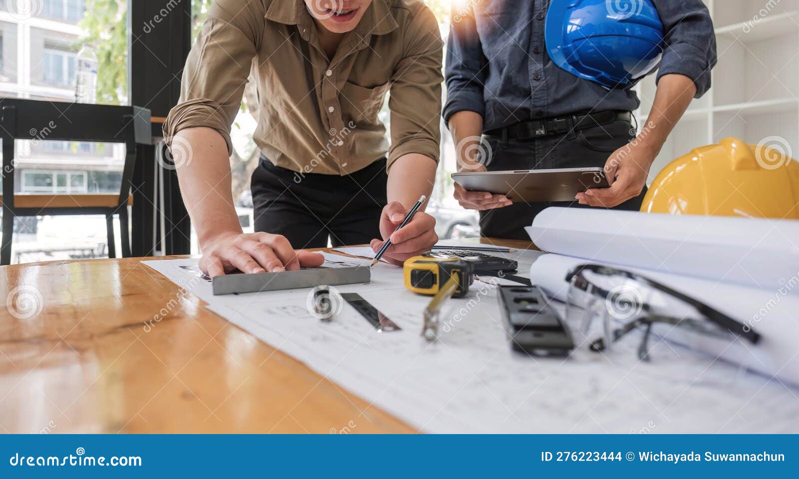 Engineer Teamwork Meeting, Drawing Working on Blueprint Meeting for ...