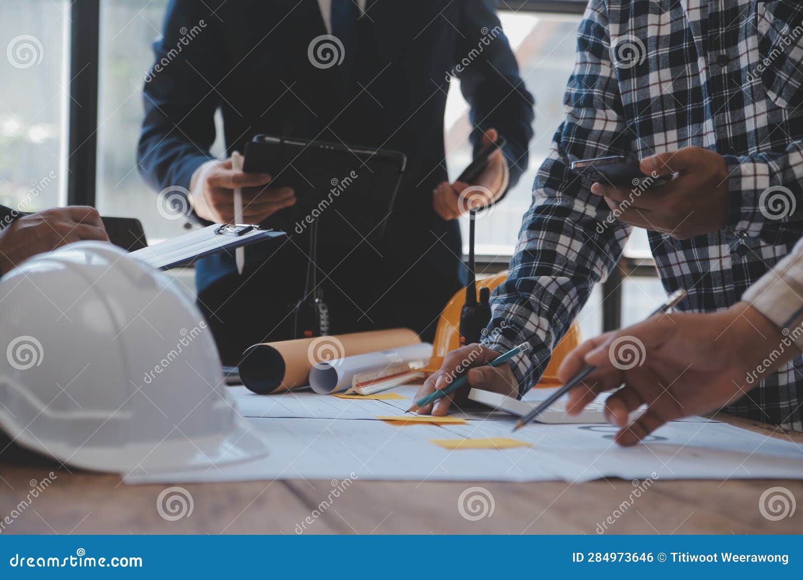 Engineer Teamwork Meeting, Drawing Working on Blueprint Meeting for ...