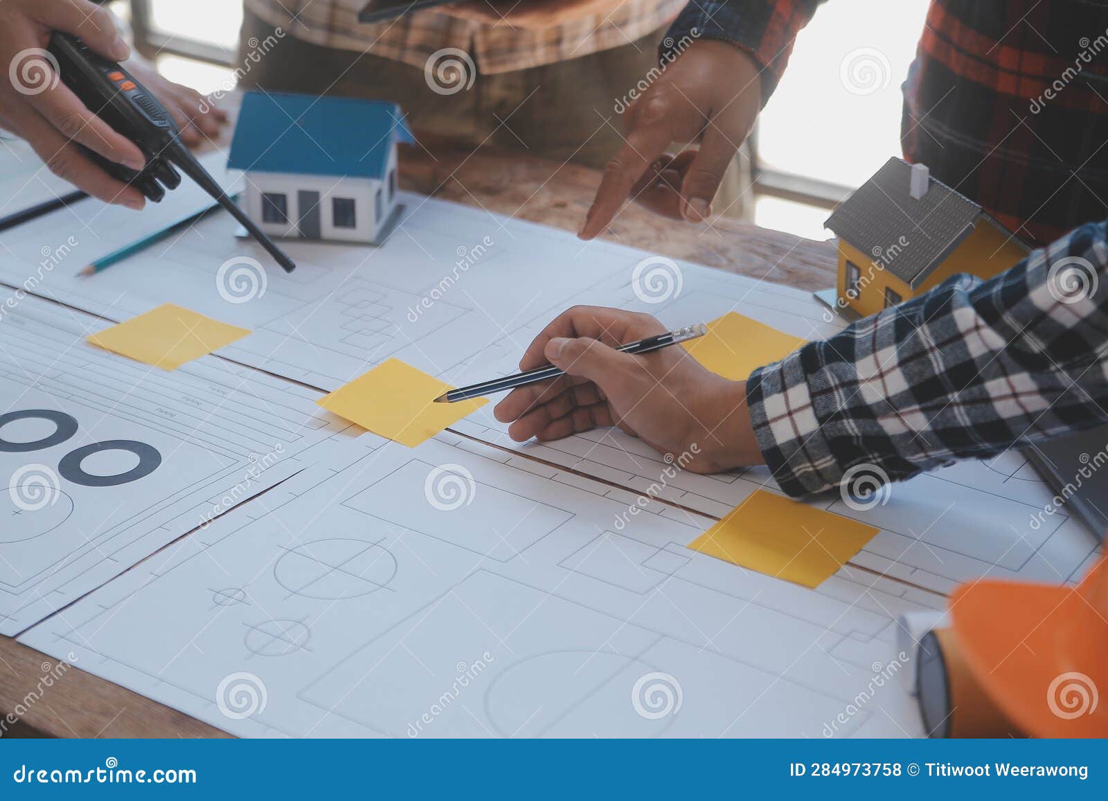 Engineer Teamwork Meeting, Drawing Working on Blueprint Meeting for ...