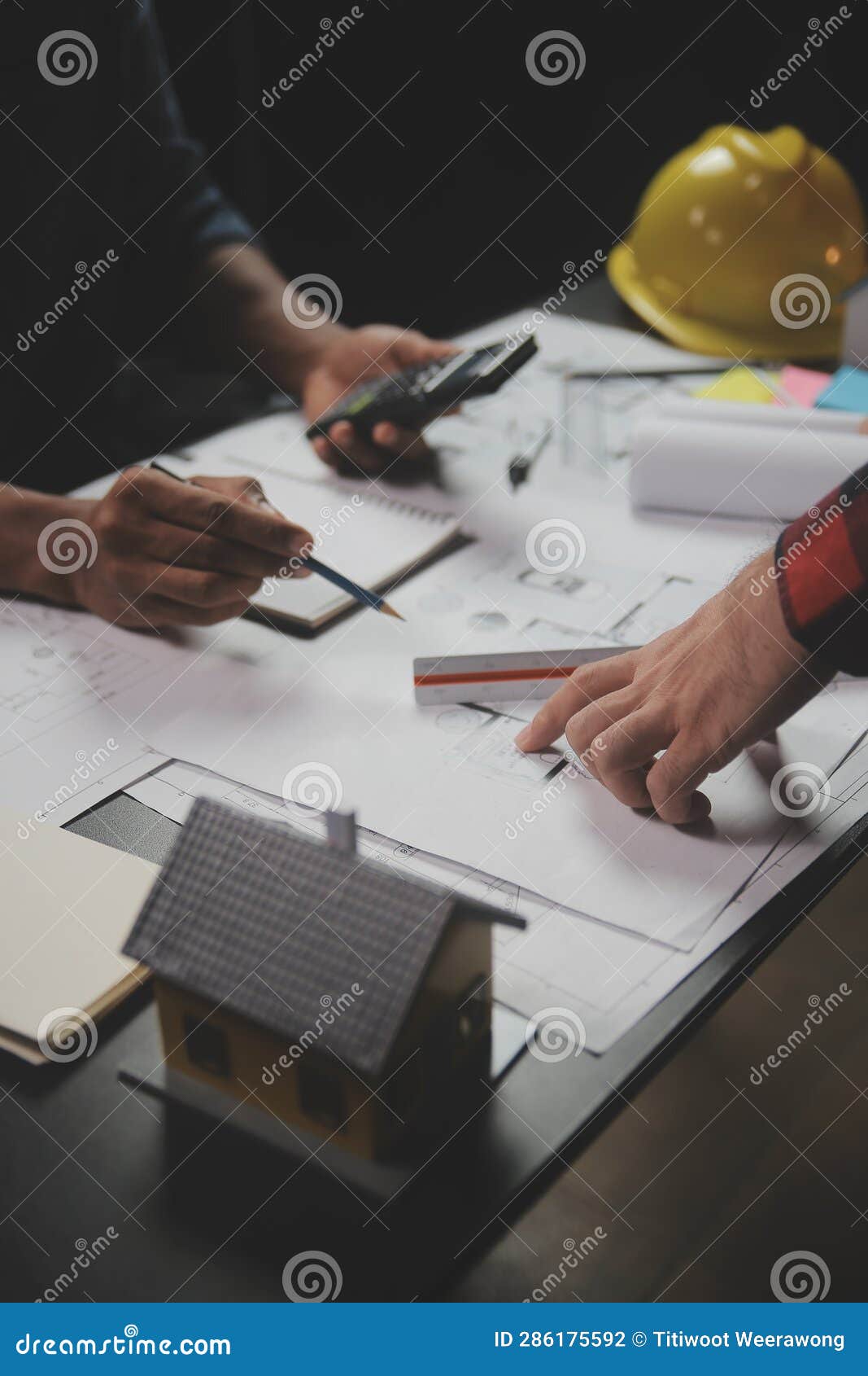 .Engineer Teamwork Meeting, Drawing Working on Blueprint Meeting for ...