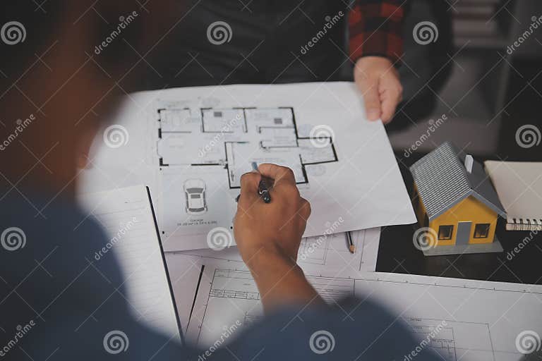 .Engineer Teamwork Meeting, Drawing Working on Blueprint Meeting for ...