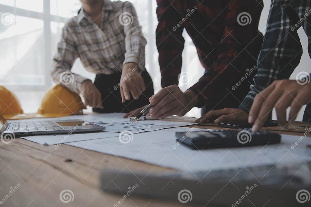 Engineer Teamwork Meeting, Drawing Working on Blueprint Meeting for ...