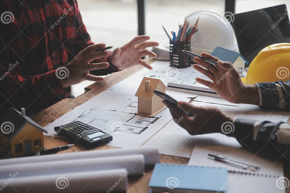 Engineer Teamwork Meeting, Drawing Working on Blueprint Meeting for ...