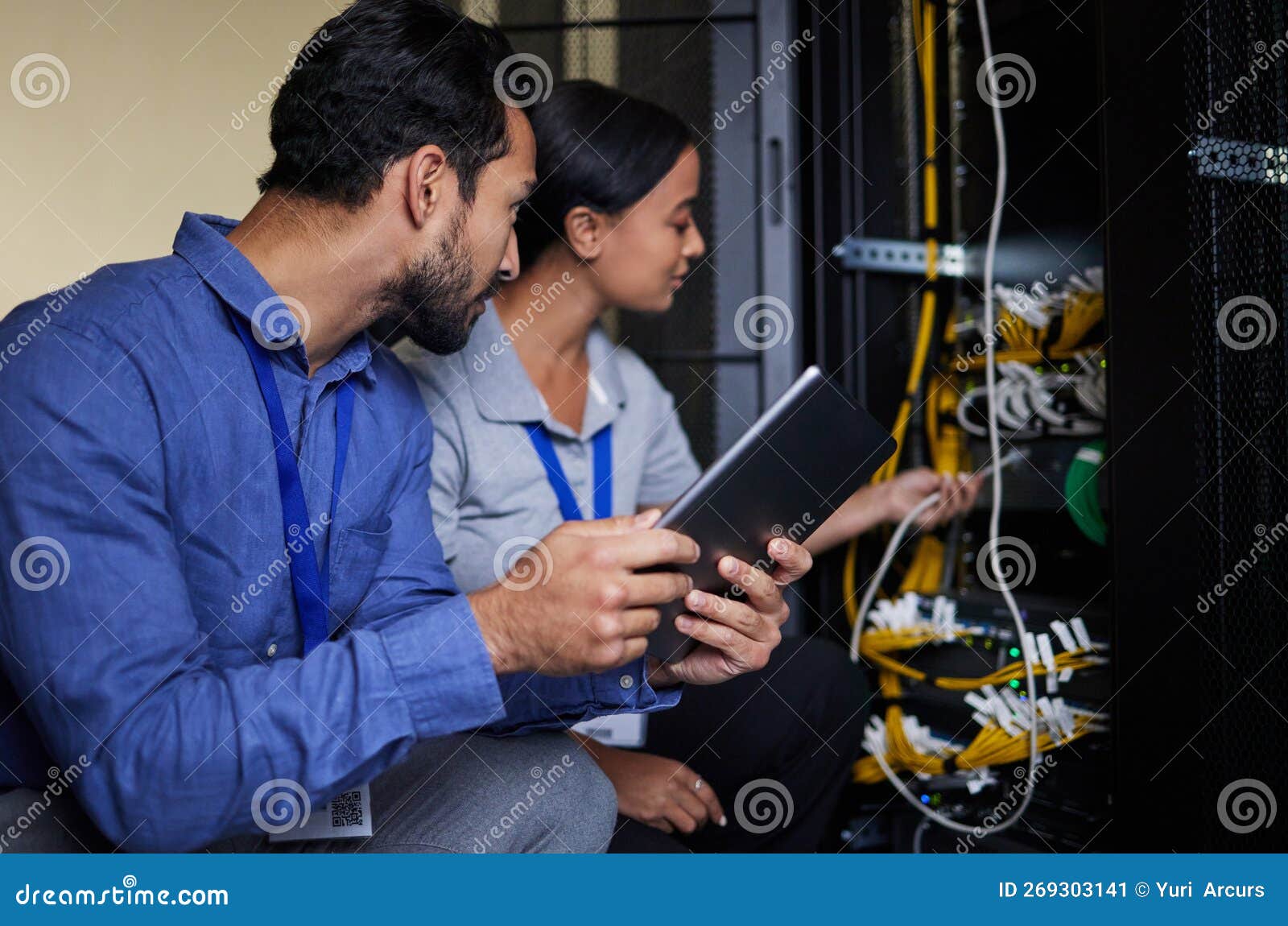 Engineer Teamwork, Server Room and Tablet for Connection Cable ...