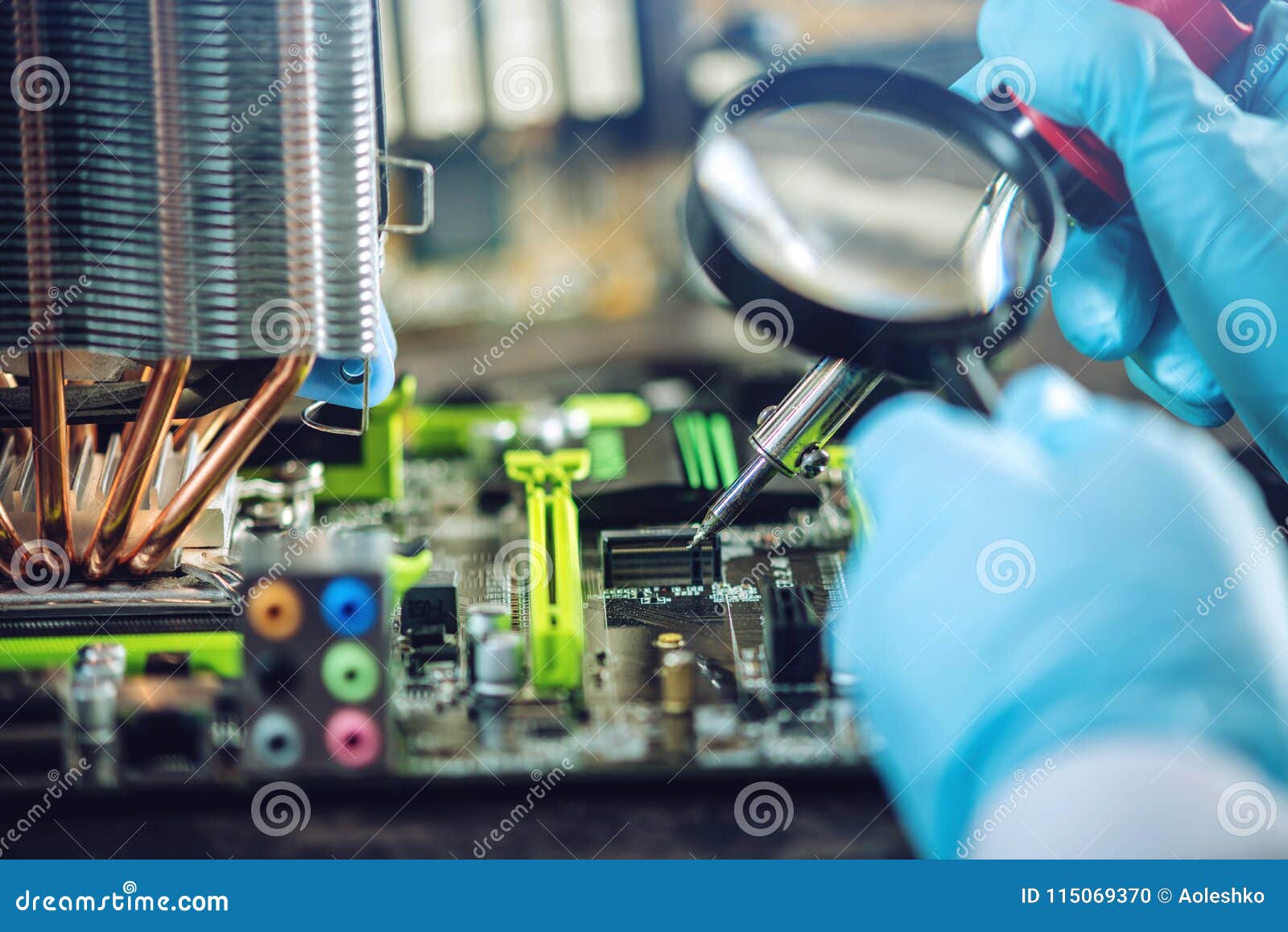 Engineer Technician Computers in Gloves on the Hands is Reviewing the ...