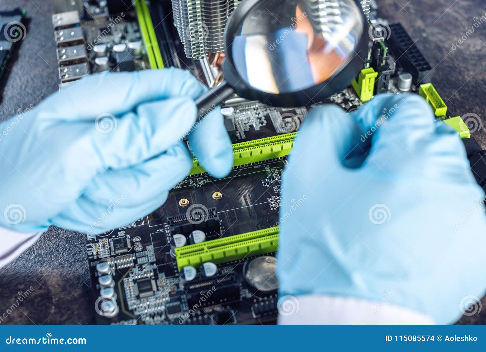 Engineer Technician Computers in Gloves on the Hands is Reviewing the ...