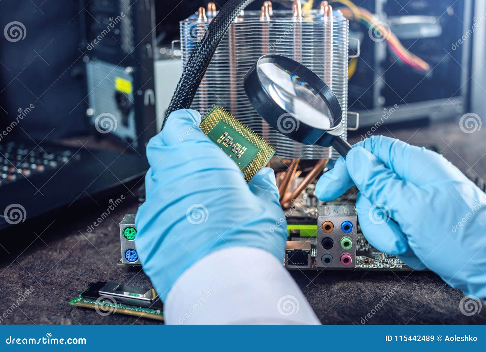 Engineer Technician Computers in Gloves on the Hands is Reviewing the ...