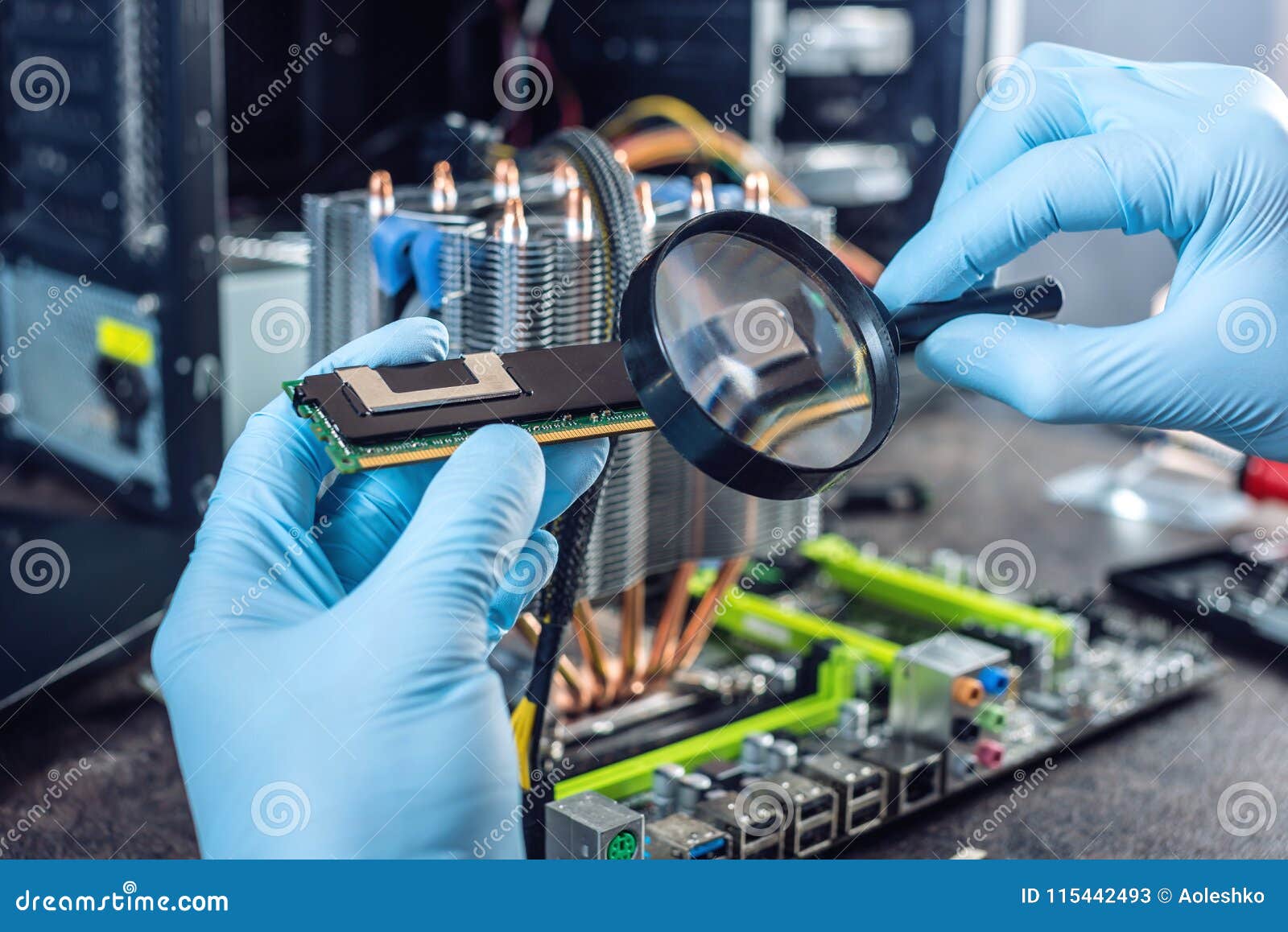 Engineer Technician Computers in Gloves on the Hands is Reviewing the ...