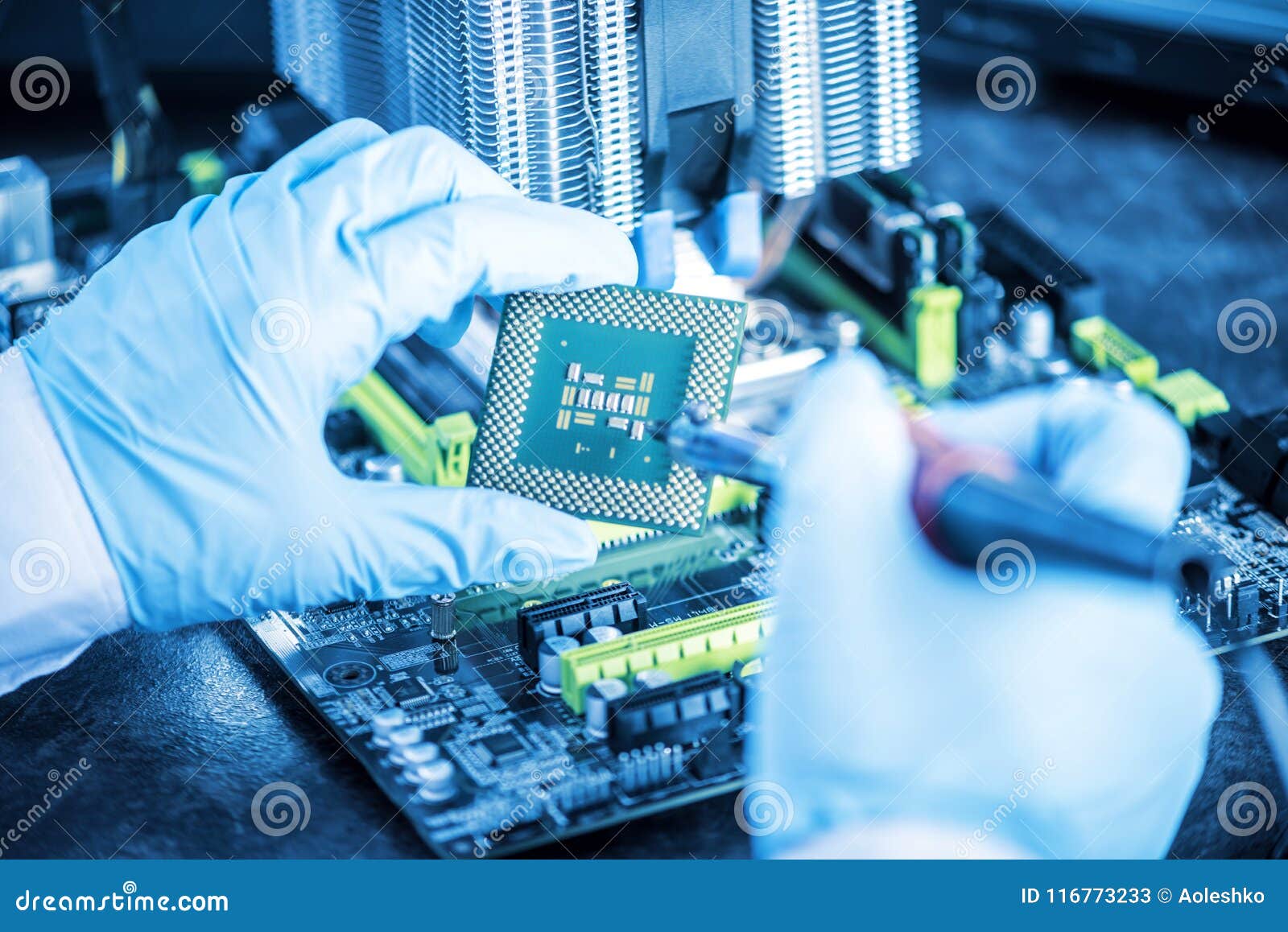Engineer Technician Computers in Gloves on the Hands is Reviewing the ...