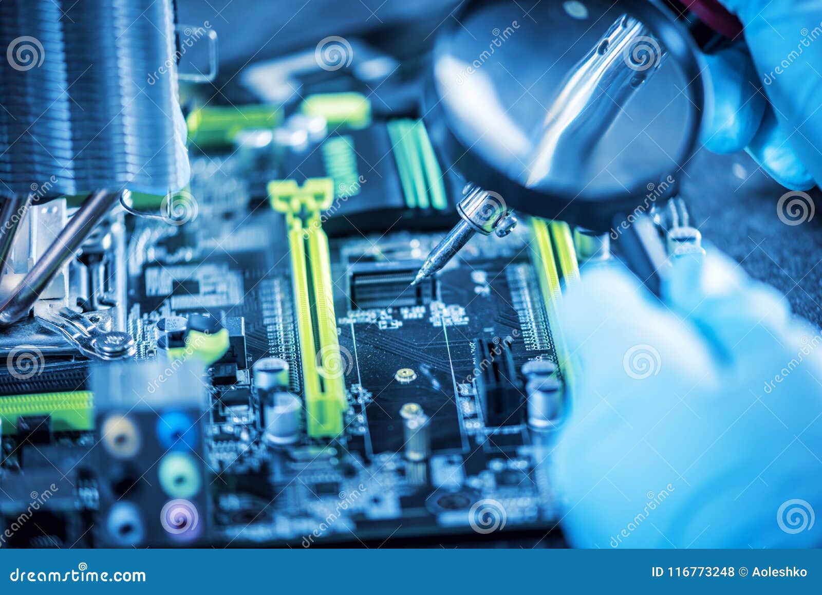 Engineer Technician Computers in Gloves on the Hands is Reviewing the ...