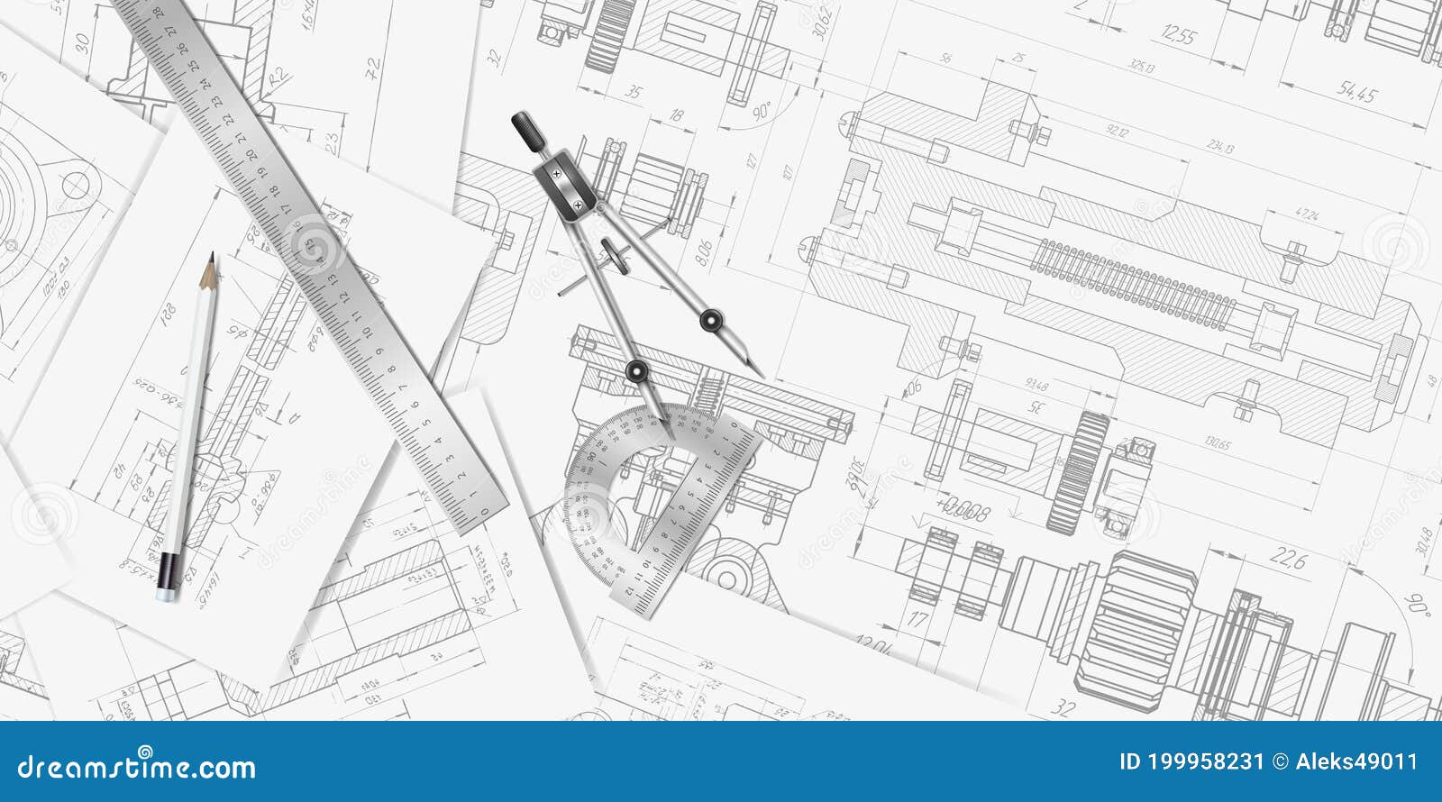 Engineer Technician Designing Drawings.Top View of Drawing Tools ...