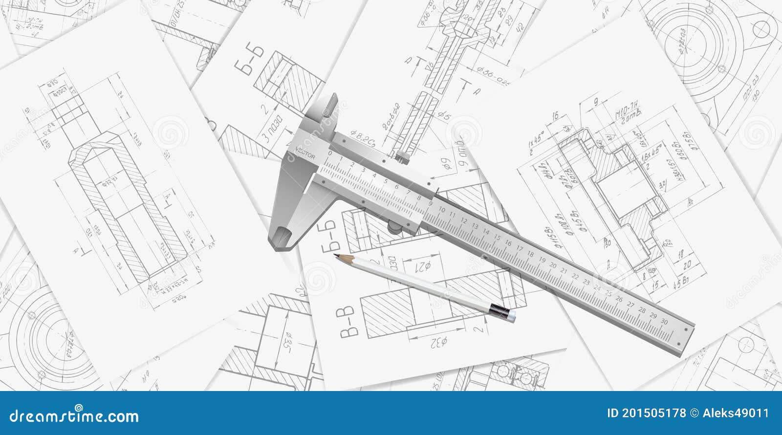 Engineer Technician Designing Drawings.Top View of Drawing Tools ...
