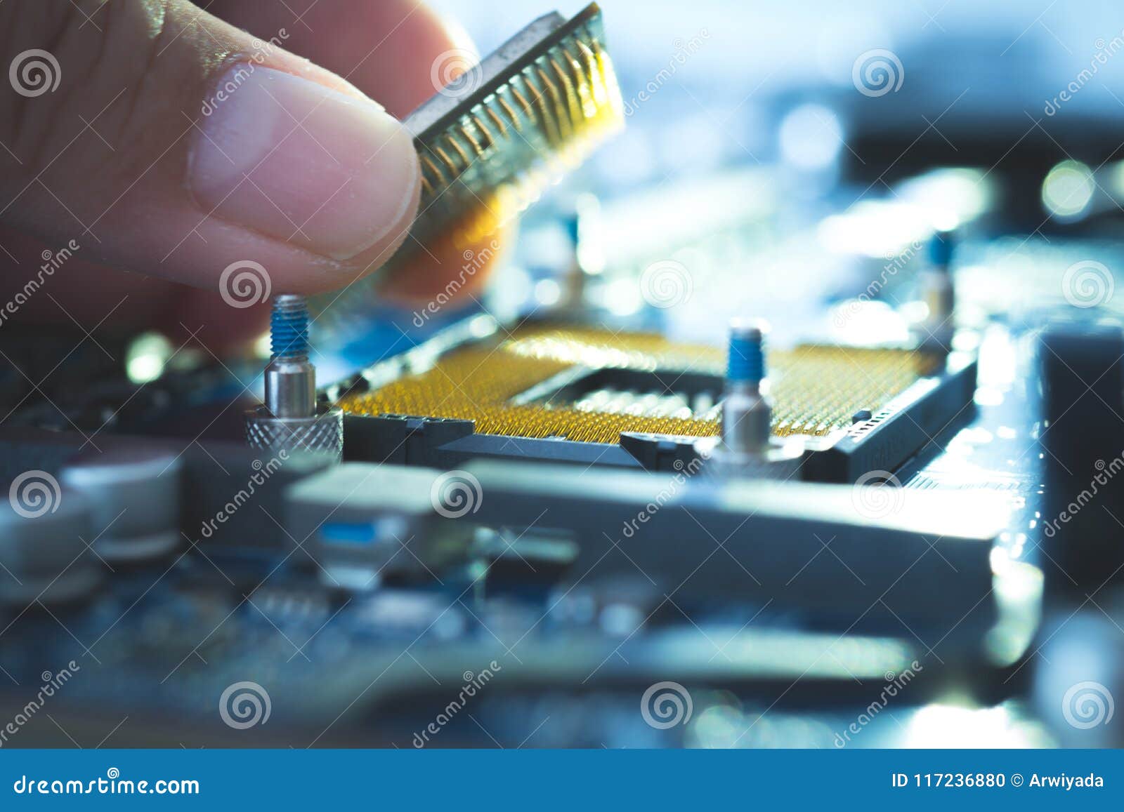 Engineer Technician Plug In Computer CPU Microprocessor To Motherboard Socket. Technology ...