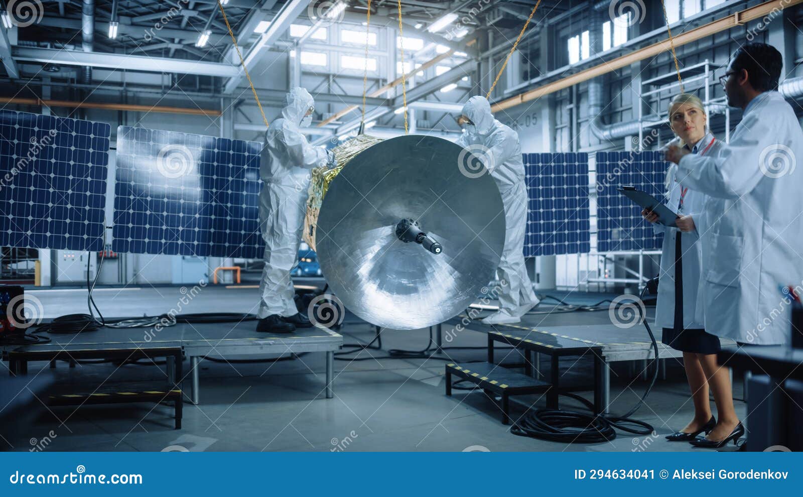 Engineer and Technician in Protective Suits Working on Satellite ...