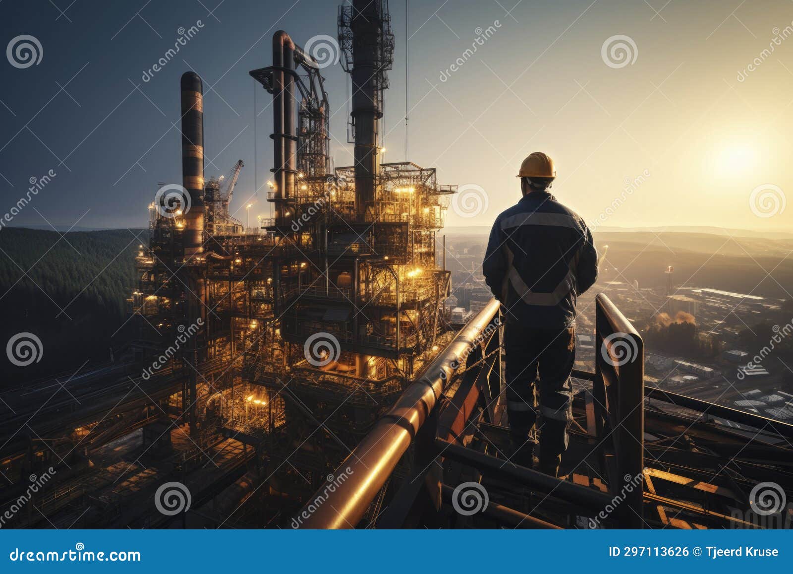 Engineer Technician Watching Team of Workers on High Steel Platform ...