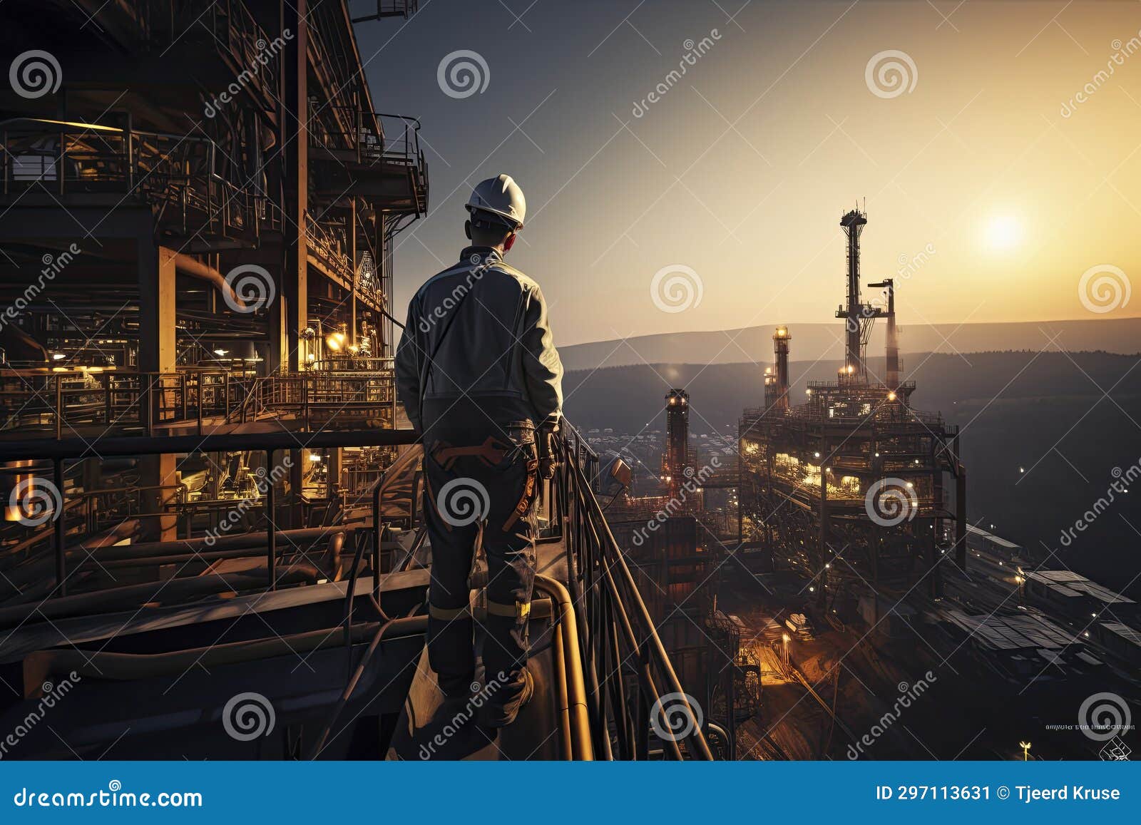 Engineer Technician Watching Team of Workers on High Steel Platform ...