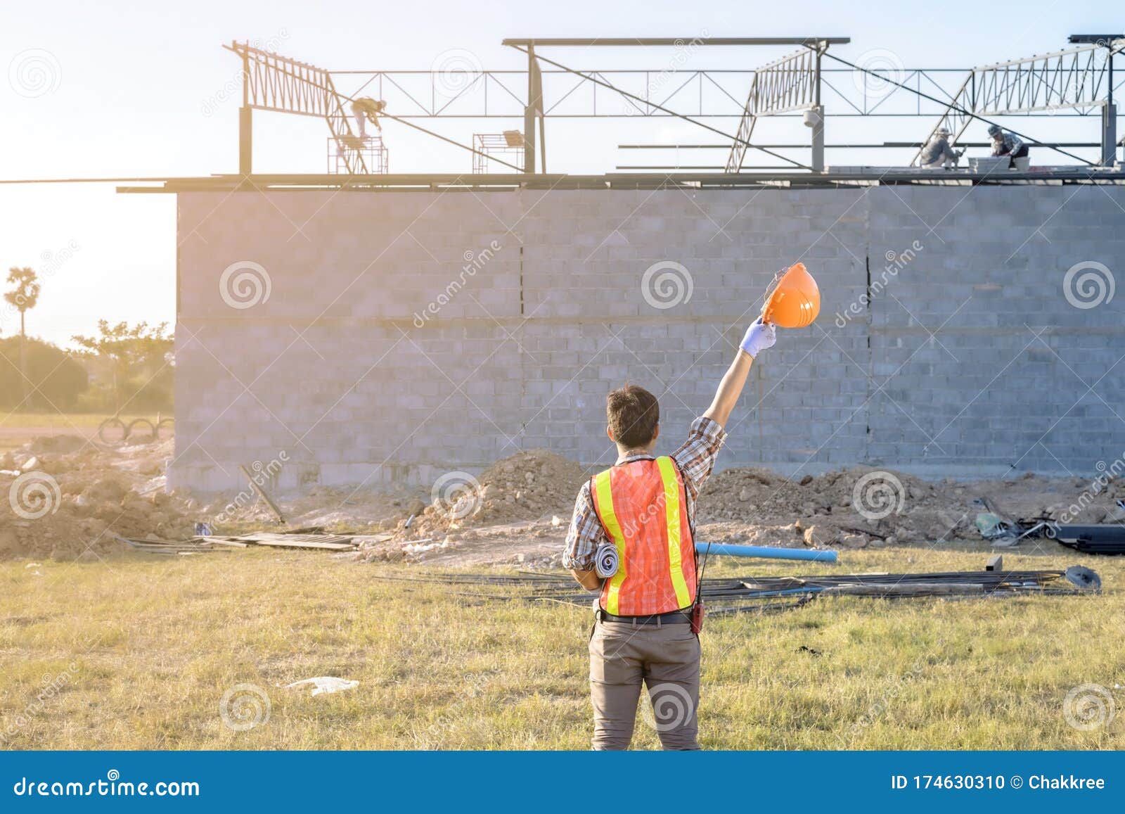 Engineer Technician Watching Team of Workers on High Steel Platform ...