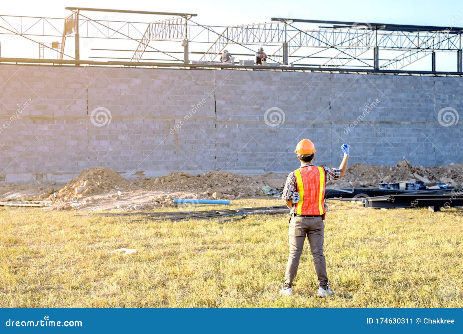 Engineer Technician Watching Team of Workers on High Steel Platform ...
