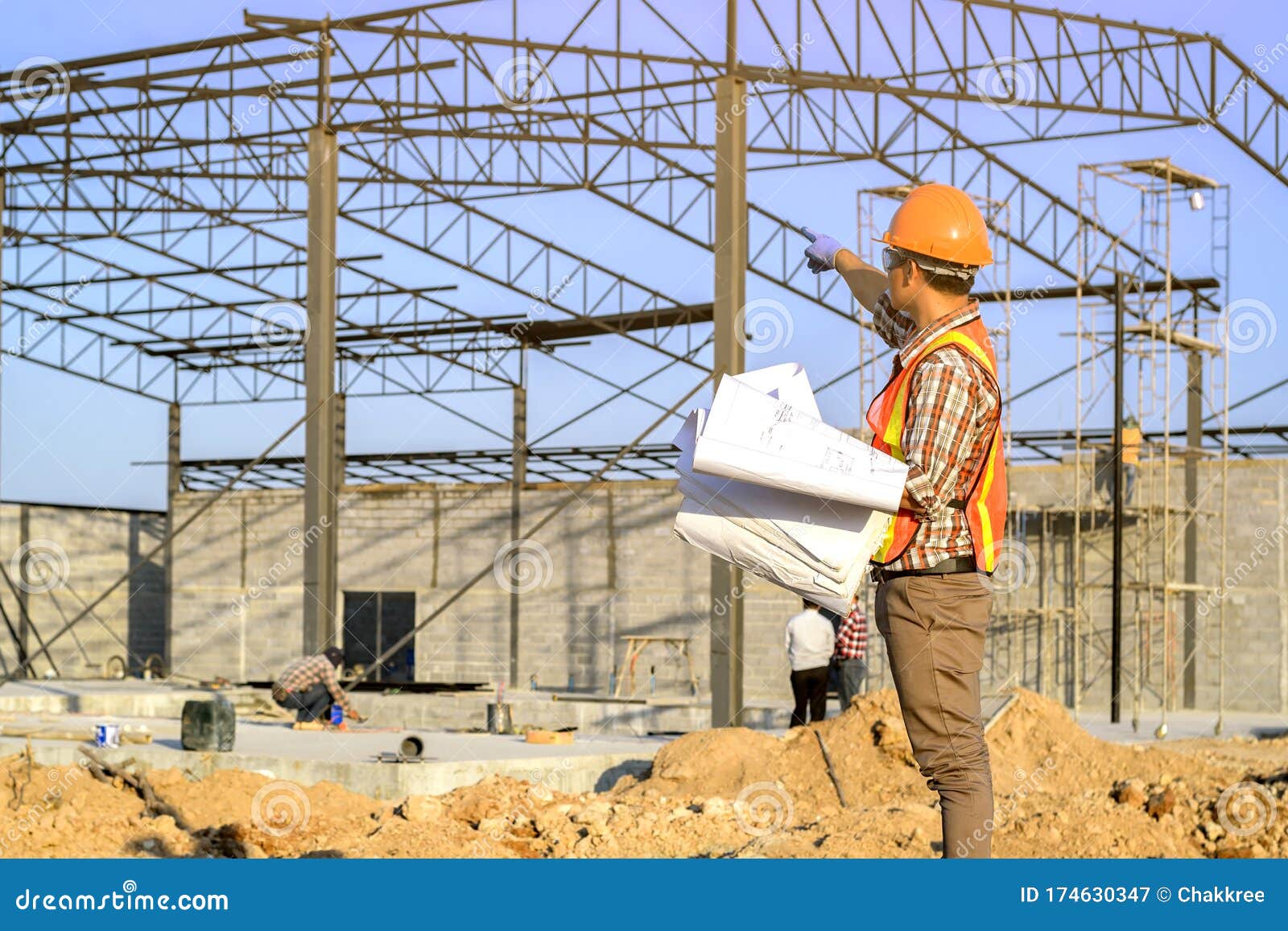 Engineer Technician Watching Team of Workers on High Steel Platform ...