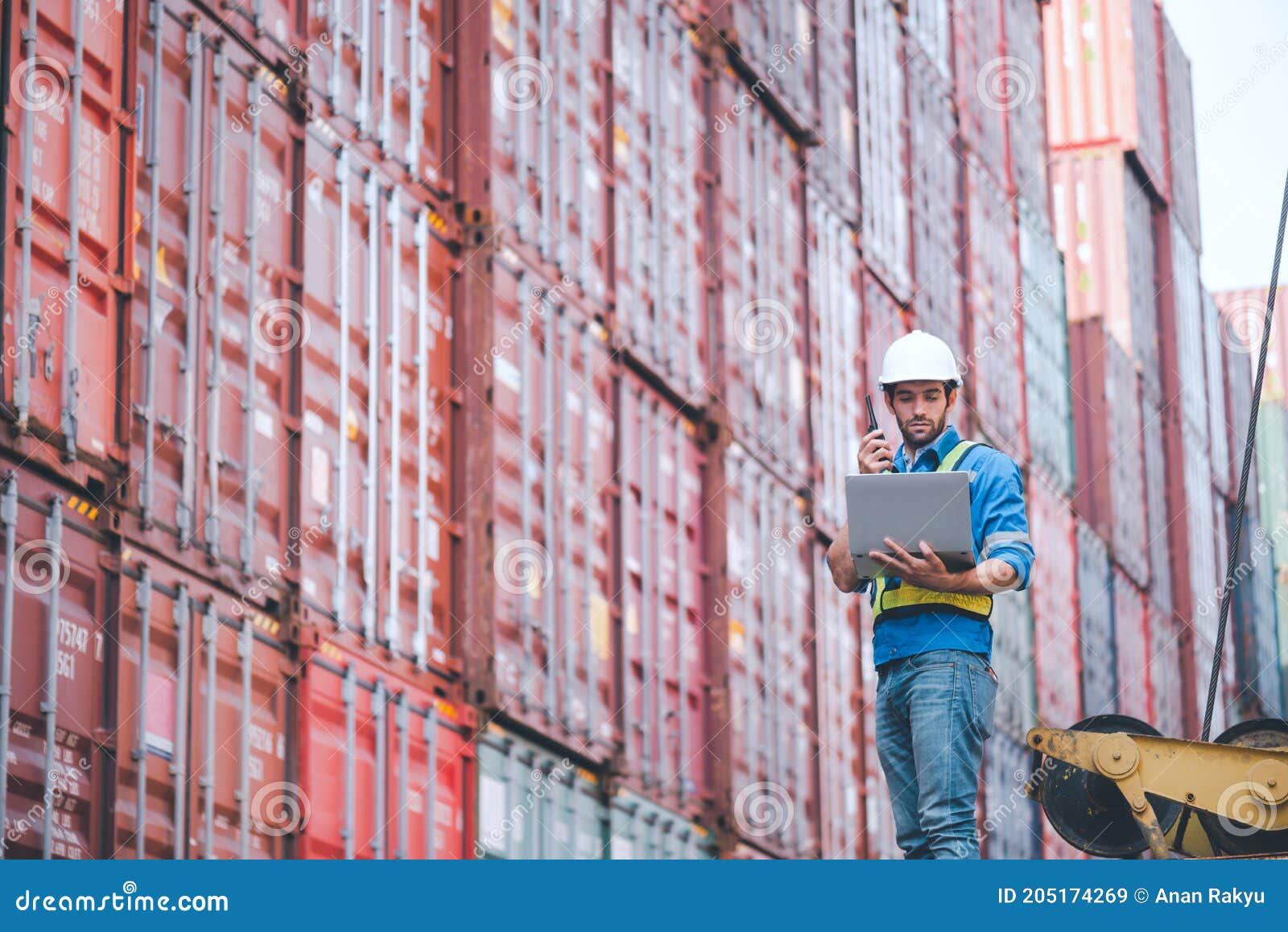 Engineer Technician Wears Hardhat and Reflective Cloth Using Laptop ...