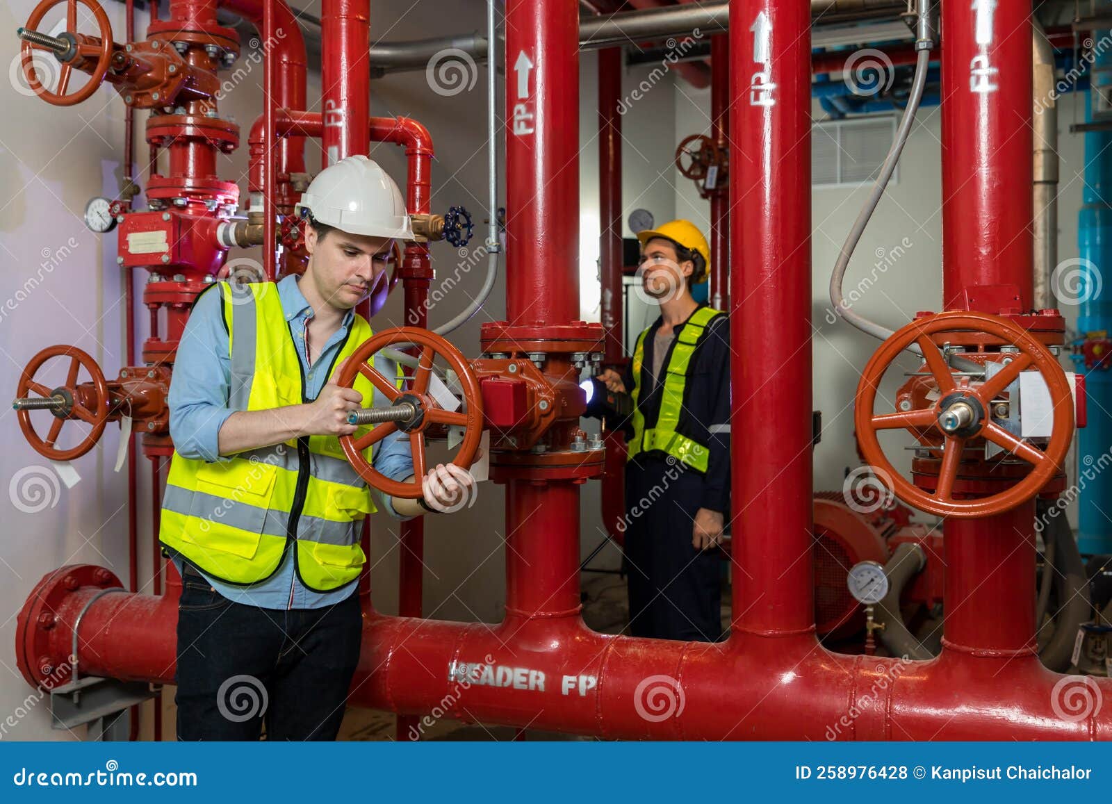 Engineer or Technician Work Checking Fire Suppression System and Fire Equipment. Engineer Check ...
