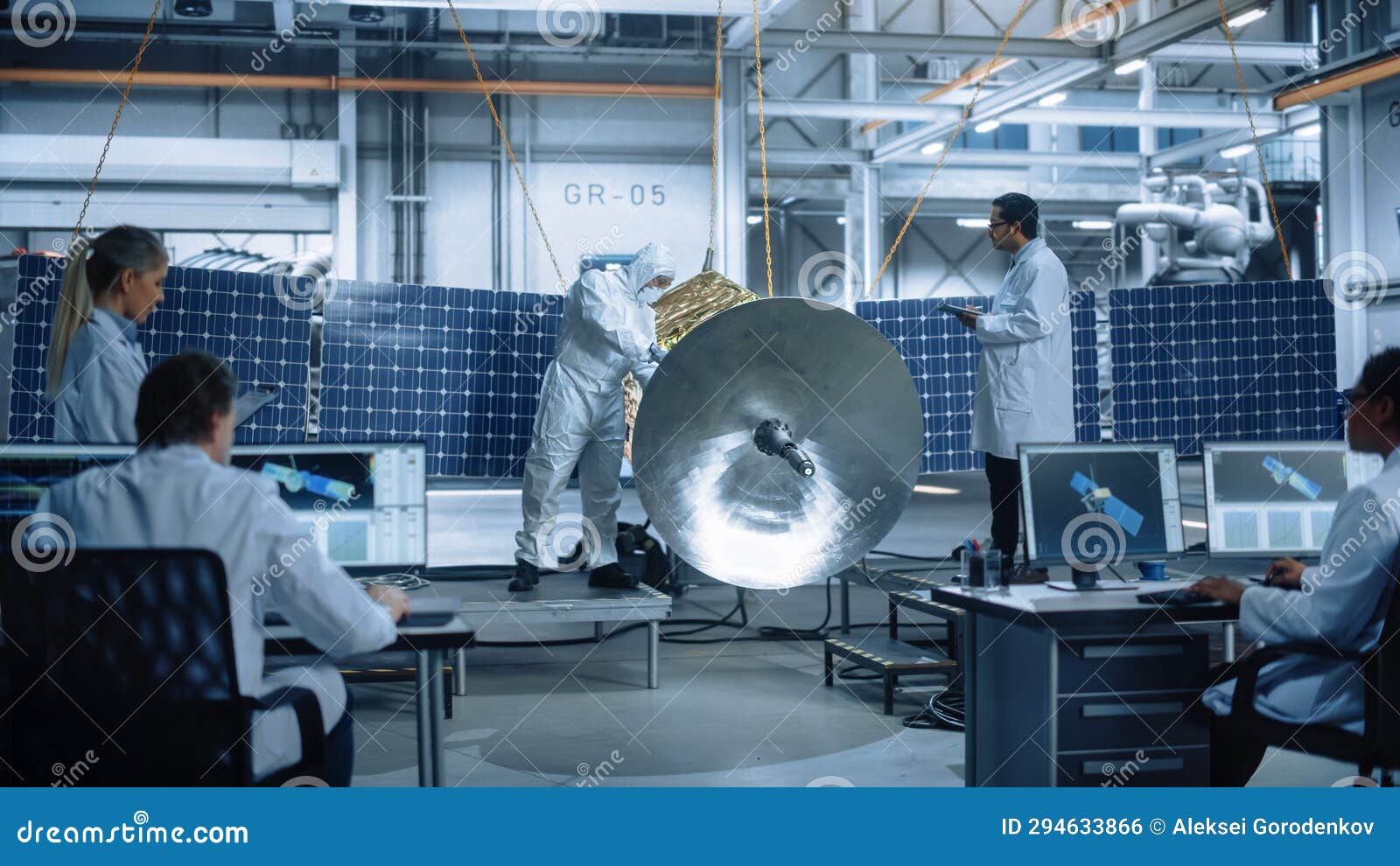 Engineer and Technician Working on Satellite Construction. Aerospace ...