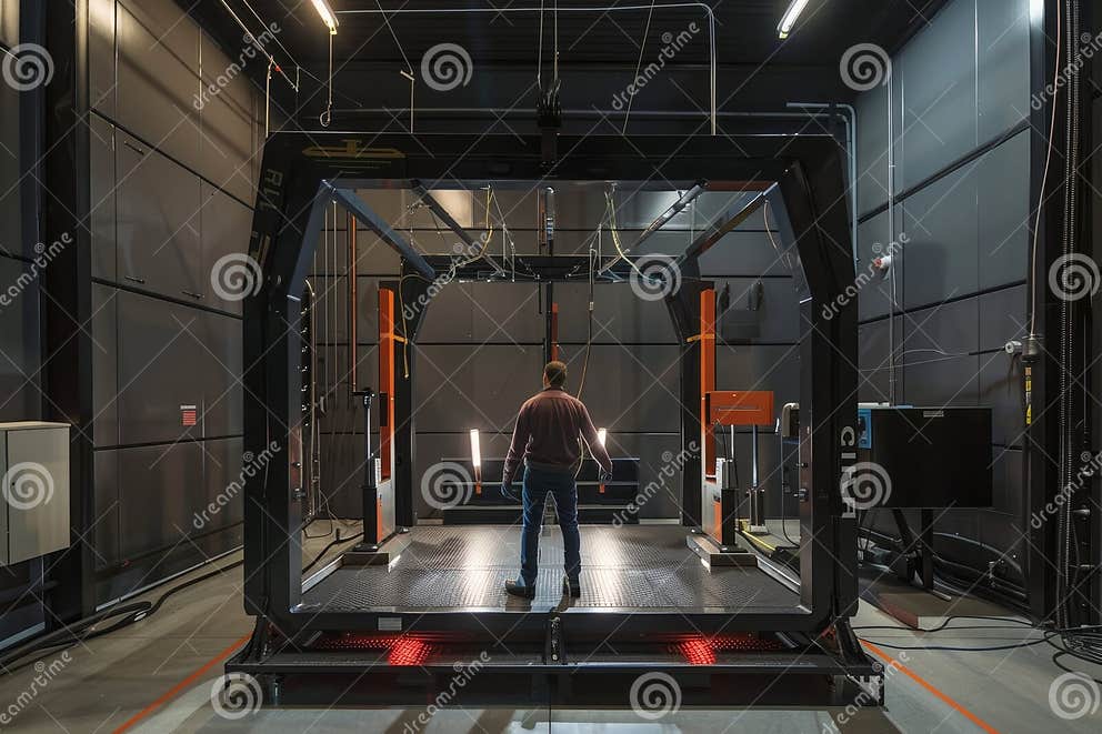 Engineer Testing Prototype Inside Massive Steel Framework, an Engineer ...