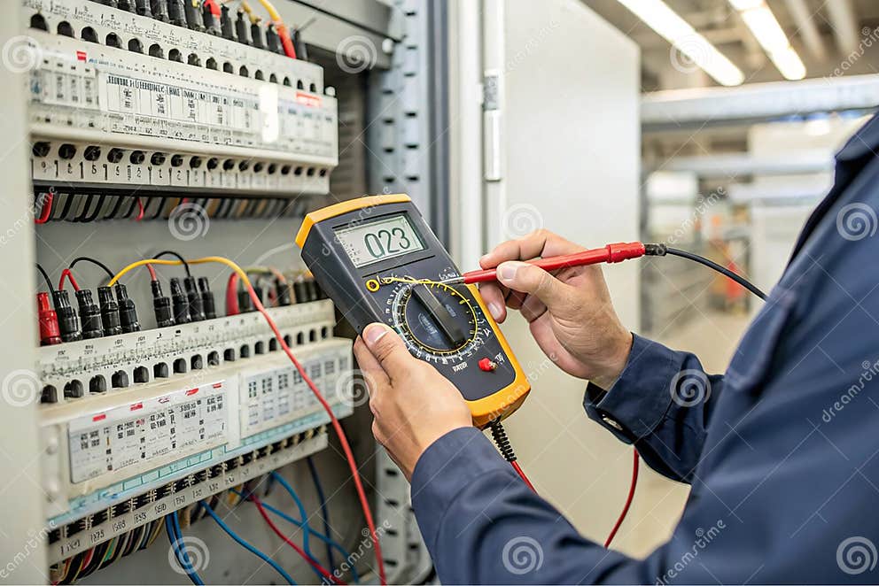 Engineer Tests Industrial Electrical Circuits with a Multimeter in the ...