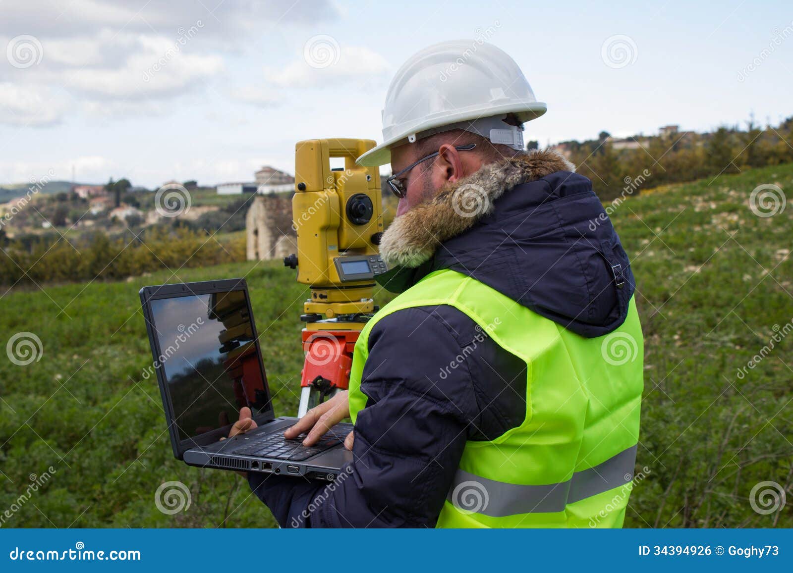 Cartographer Engineer, Surveyor Working With Total Station Construction ...