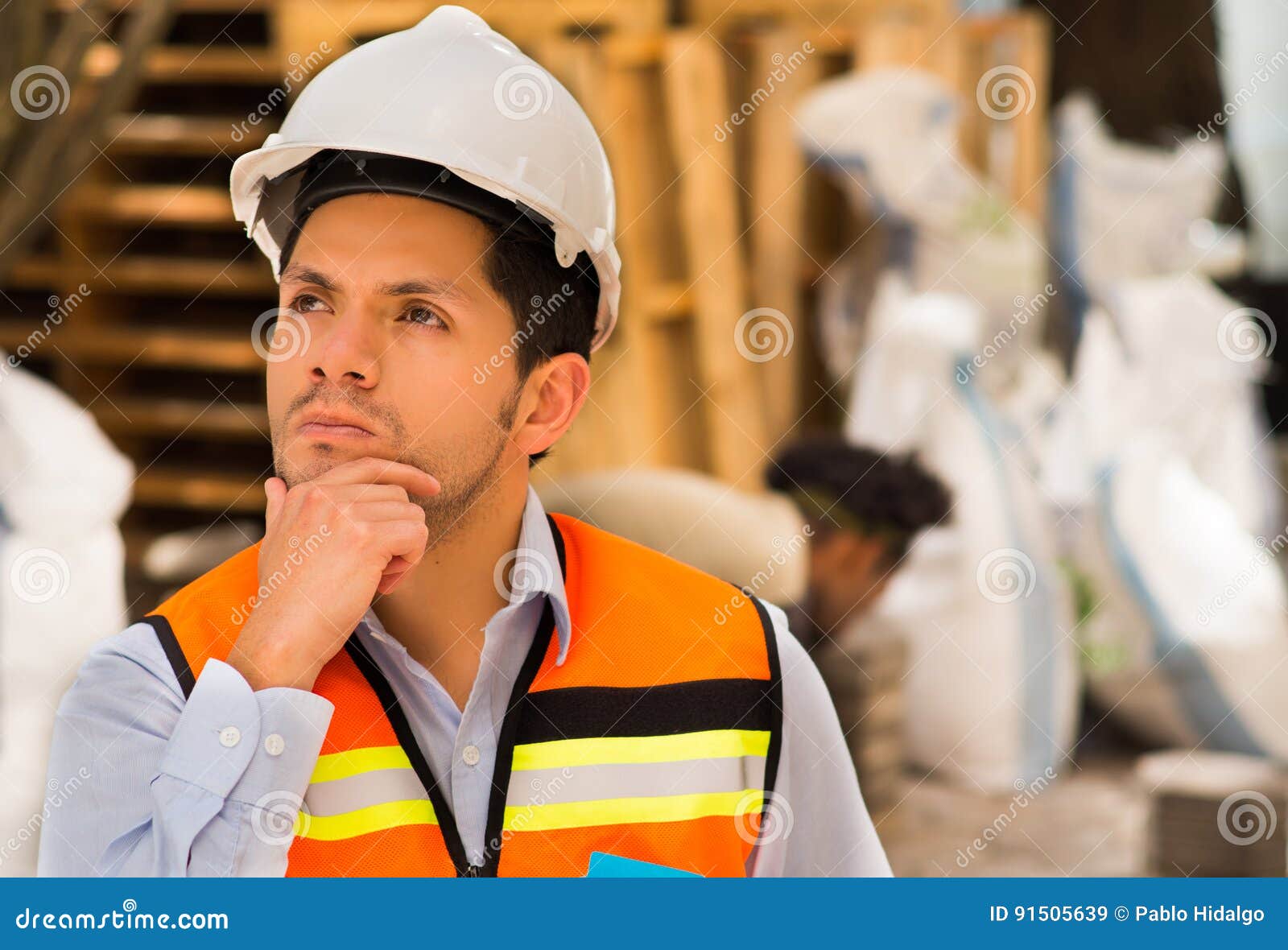 Engineer Thinking at Construction Site Stock Image - Image of holding ...