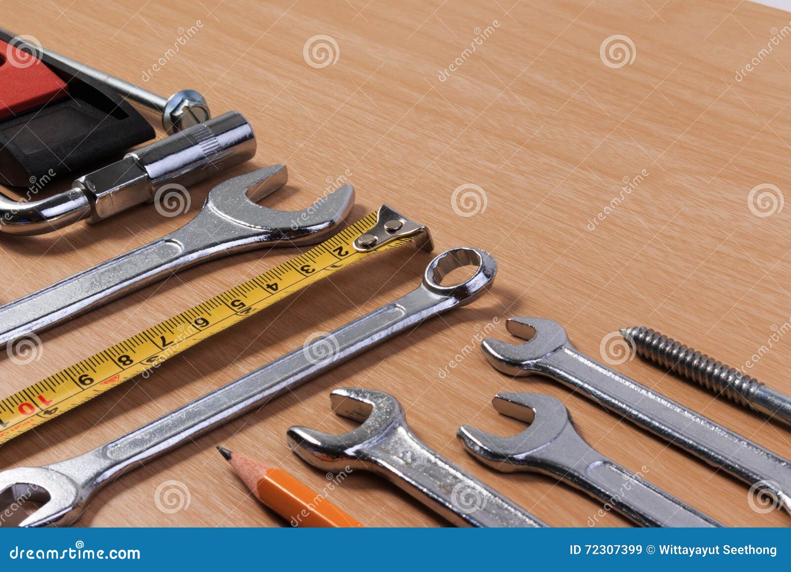 Engineer Tools, Wrench Tools on Wood Table. Stock Image - Image of ...