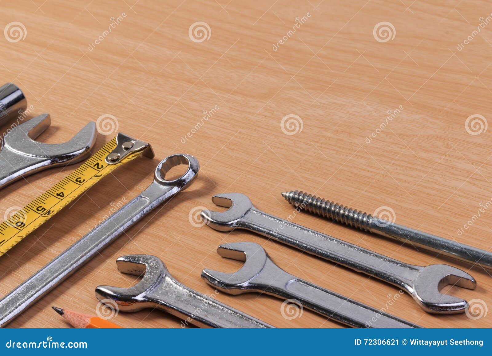 Engineer Tools, Wrench Tools on Wood Table. Stock Image - Image of hand ...