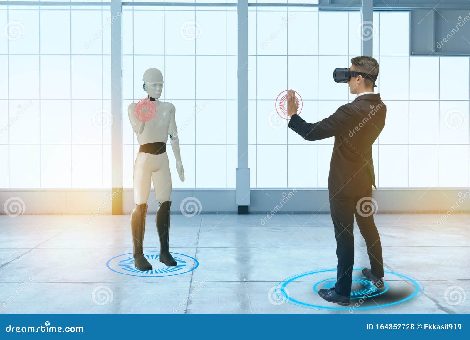 Engineer Use Augmented Mixed Virtual Reality To Control The Robot Move ...