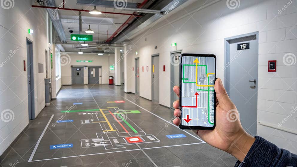 Engineer Using Augmented Reality Evacuation App on Smartphone in Industrial Building Stock Image ...