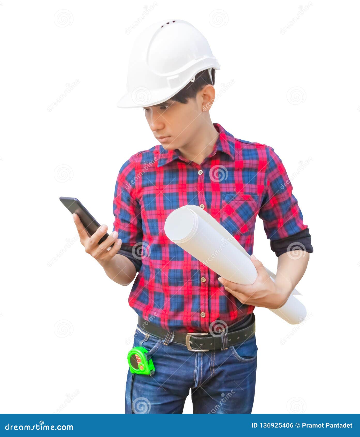 Engineer Using Cell Phone with Hand Holding Rolled Blueprints and Wear ...