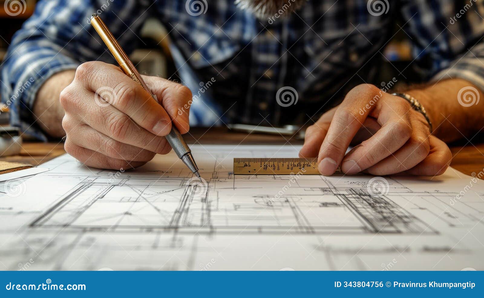 Engineer Using Compass for Architectural Drafting in Office Stock ...