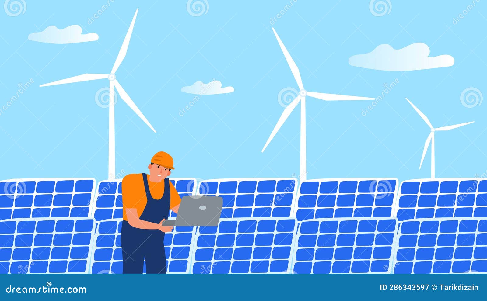 Engineer Using Laptop Alternative Energy Wind Turbine and Solar Panels ...