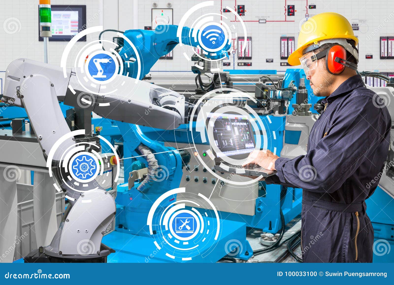 Engineer Using Laptop Computer for Maintenance Automatic Robotic Stock ...