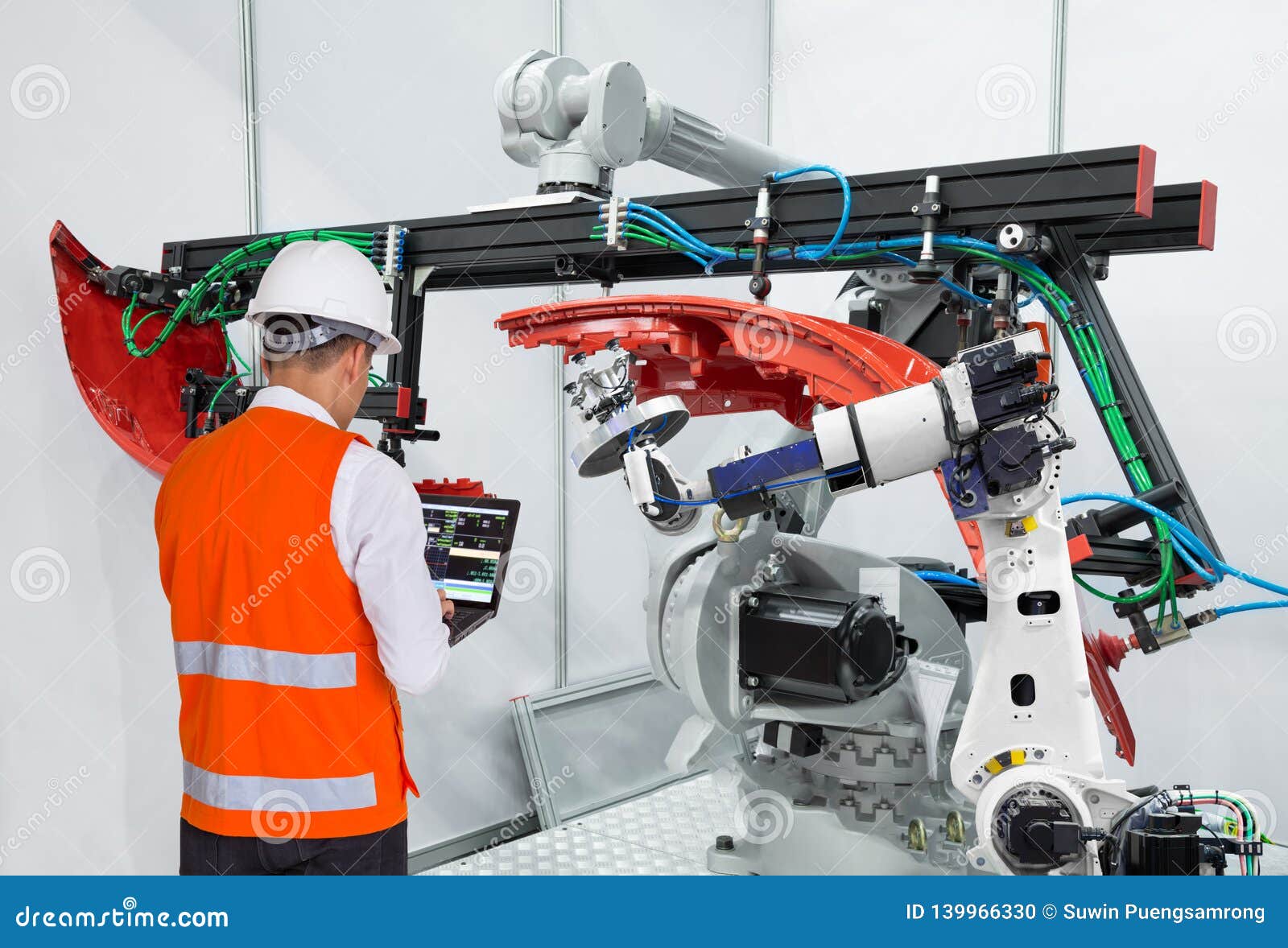 Engineer Using Laptop Computer Maintenance Robot Grip Automotive ...