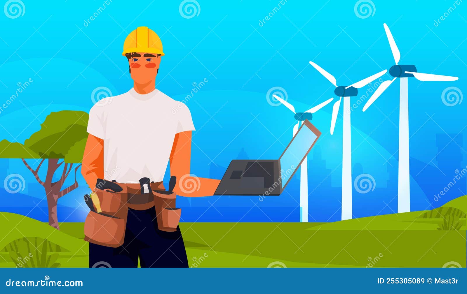 Engineer Using Laptop Near Wind Turbines Responsibility of Co2 Emission ...