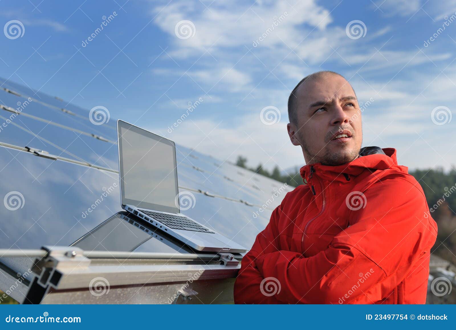 Engineer Using Laptop at Solar Panels Plant Field Stock Photo - Image ...