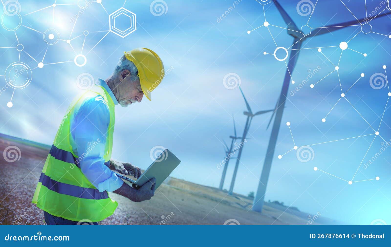 Engineer Using Laptop for Wind Turbine Inspection; Light Effect Stock ...