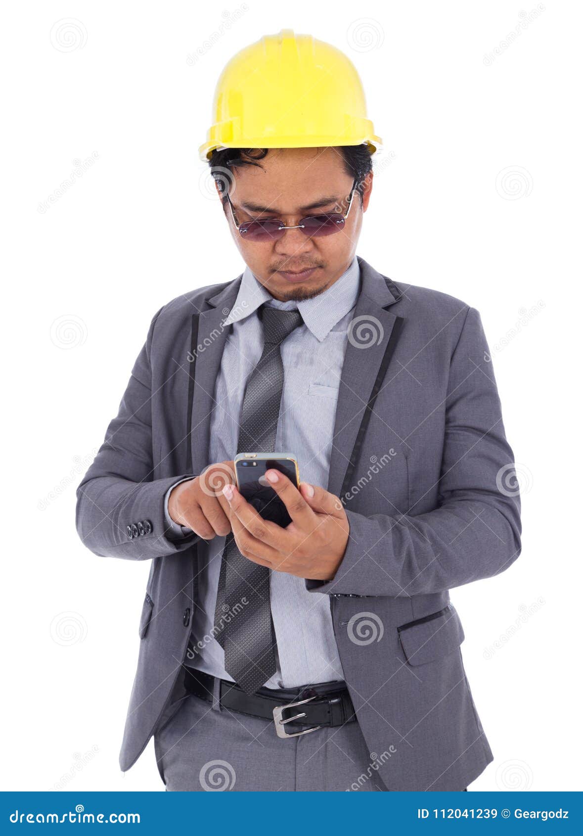 Engineer Using Mobile Phone Isolated on White Background Stock Image ...