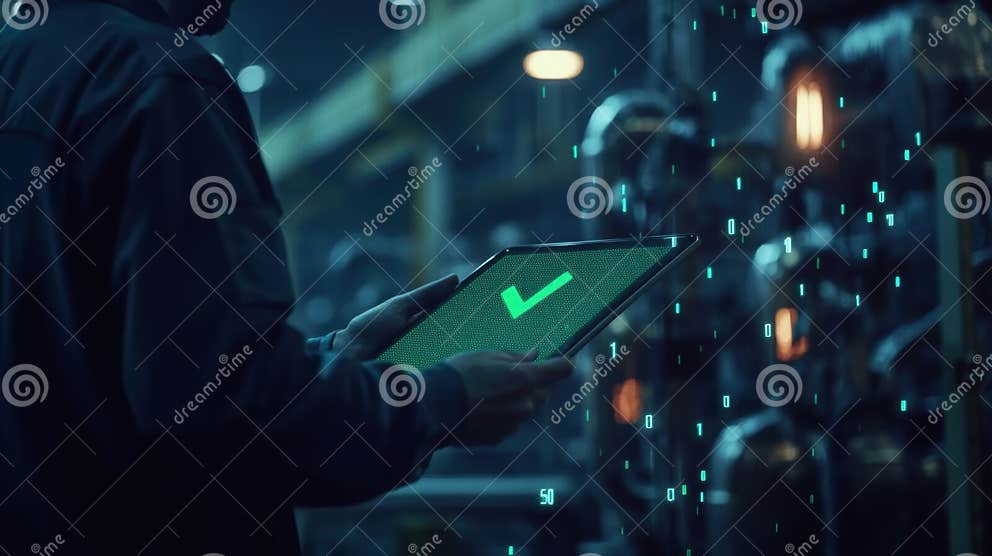 Engineer Using Tablet with Check Mark in a Factory with Binary Code Data Flow Stock Image ...