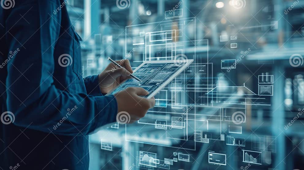 Engineer Using Tablet with Digital Schematics in Industrial Setting ...
