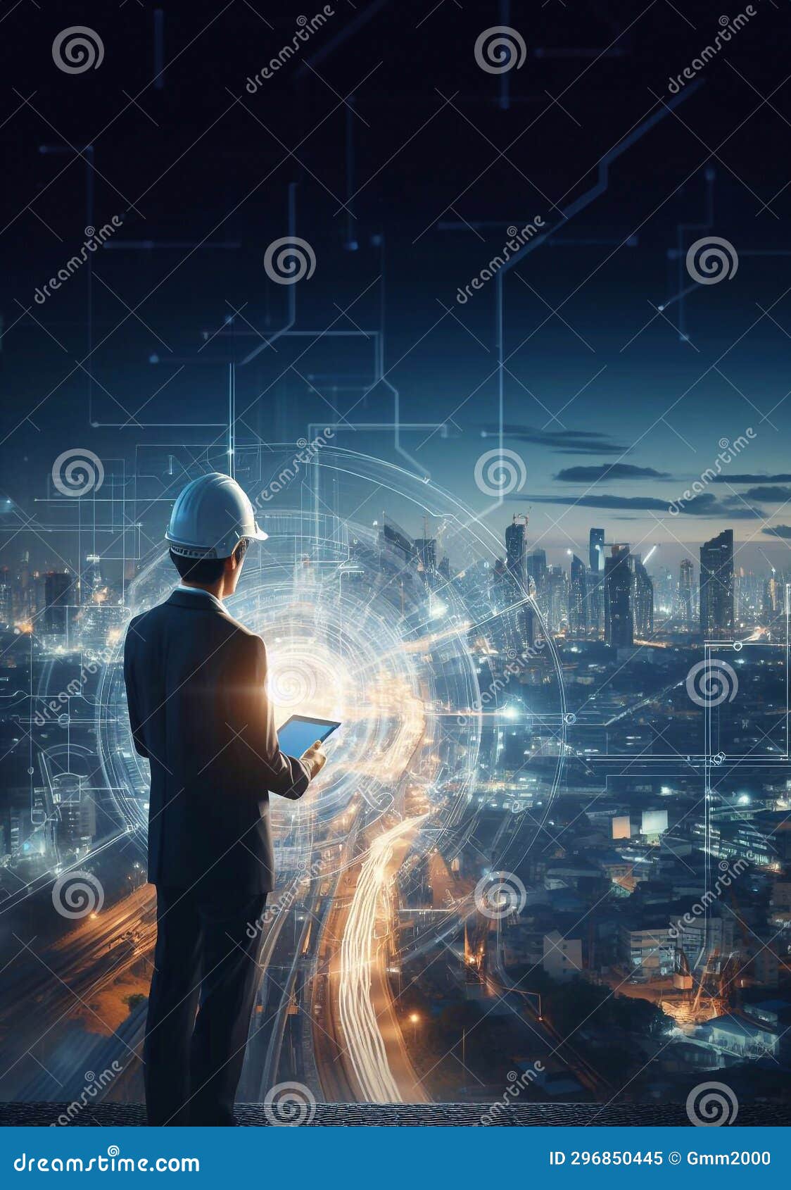 Engineer is Using a Tablet with a Holographic Graphic. Large Modern ...