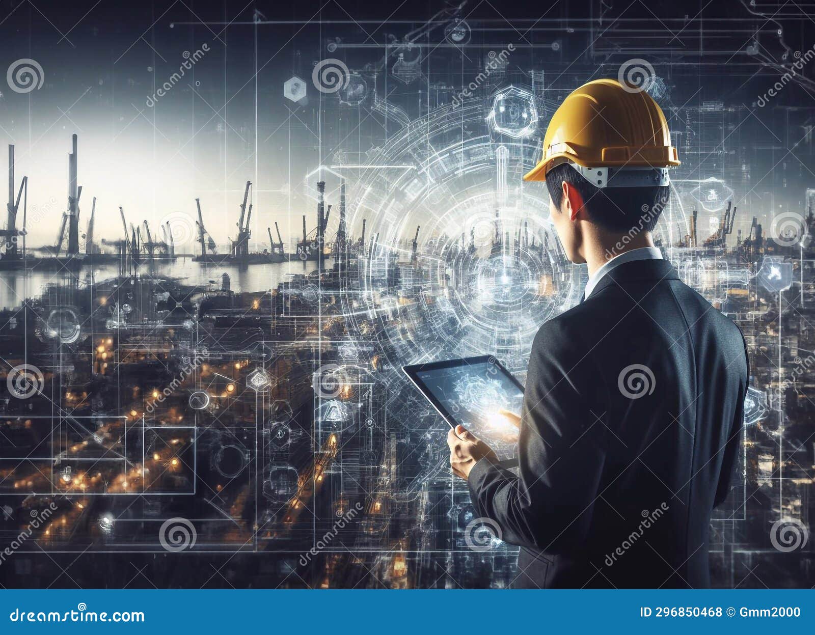 Engineer is Using a Tablet with a Holographic Graphic. Large Modern ...