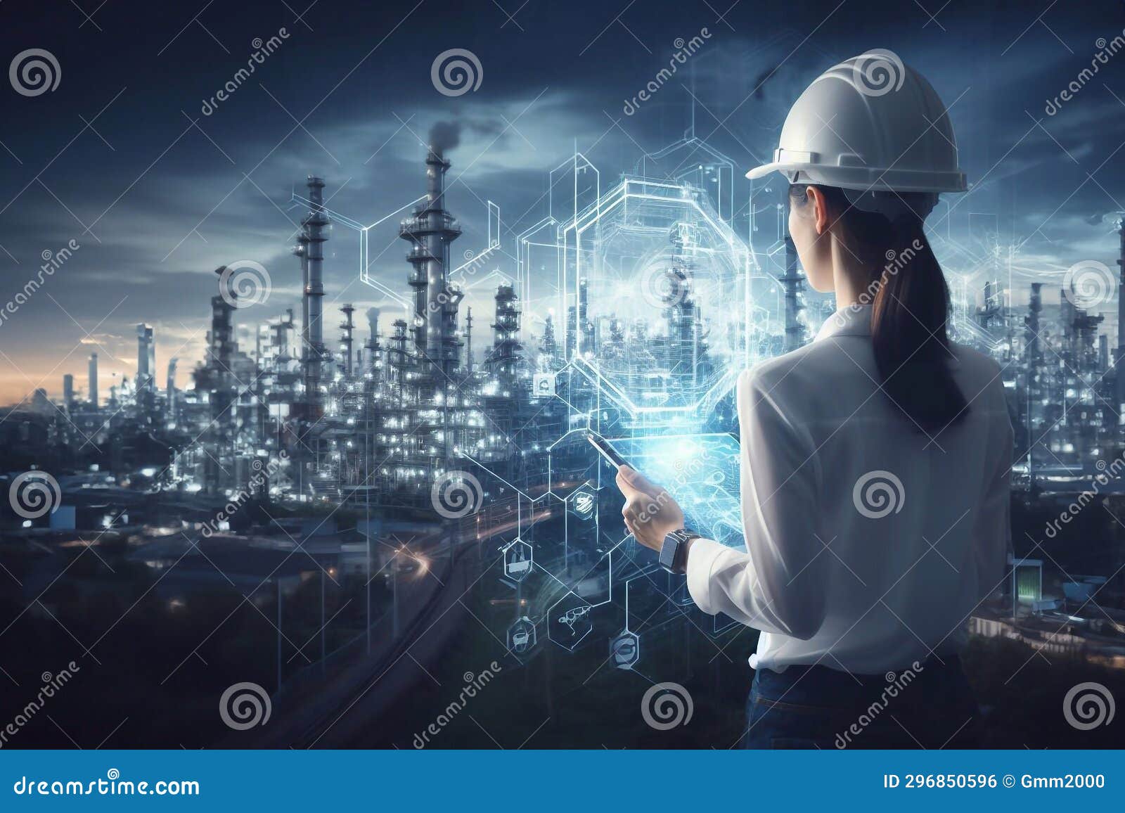 Engineer is Using a Tablet with a Holographic Graphic. Large Modern ...