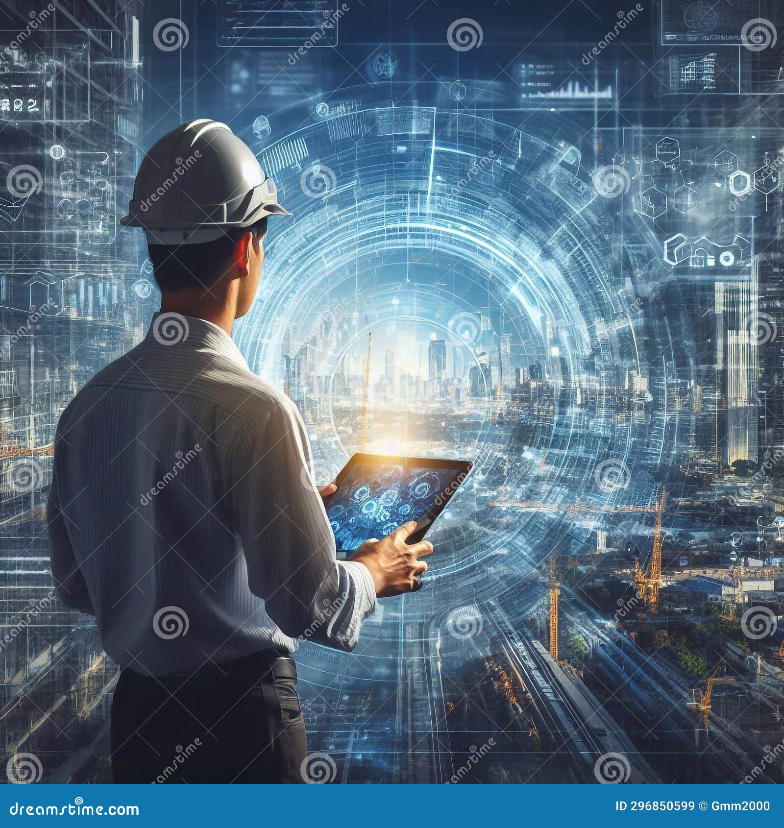 Engineer is Using a Tablet with a Holographic Graphic. Large Modern ...