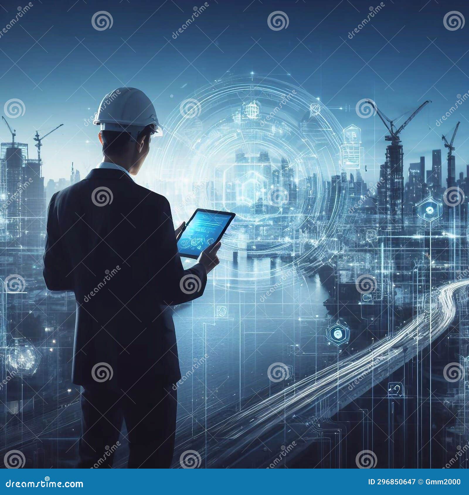 Engineer is Using a Tablet with a Holographic Graphic. Large Modern ...